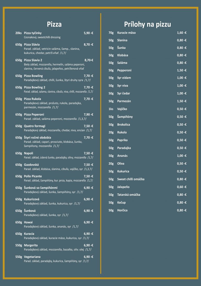 Jedálny lístok - Hotel Slávia Svidník